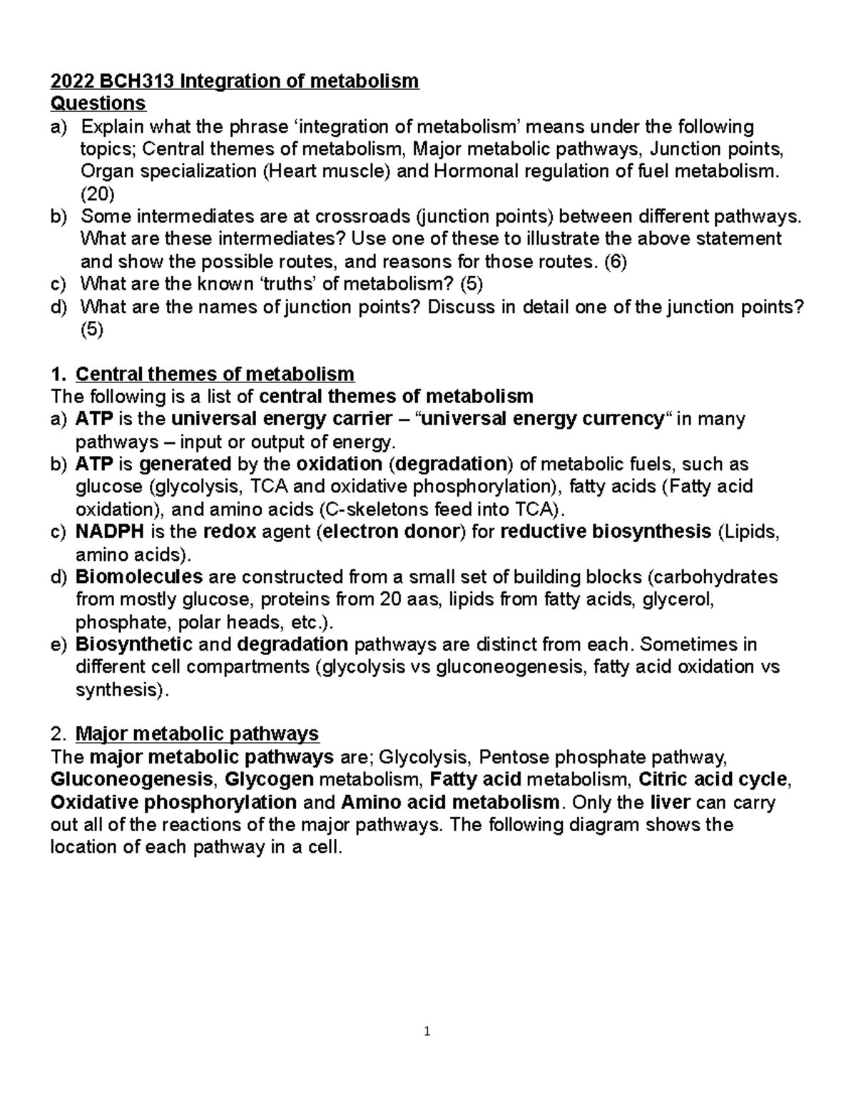 2022 BCH313 Integration of metabolism Word notes - 2022 BCH313 ...