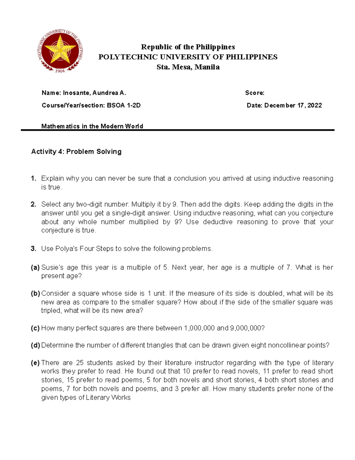 Activity 4- Problem Solving - Republic of the Philippines POLYTECHNIC ...
