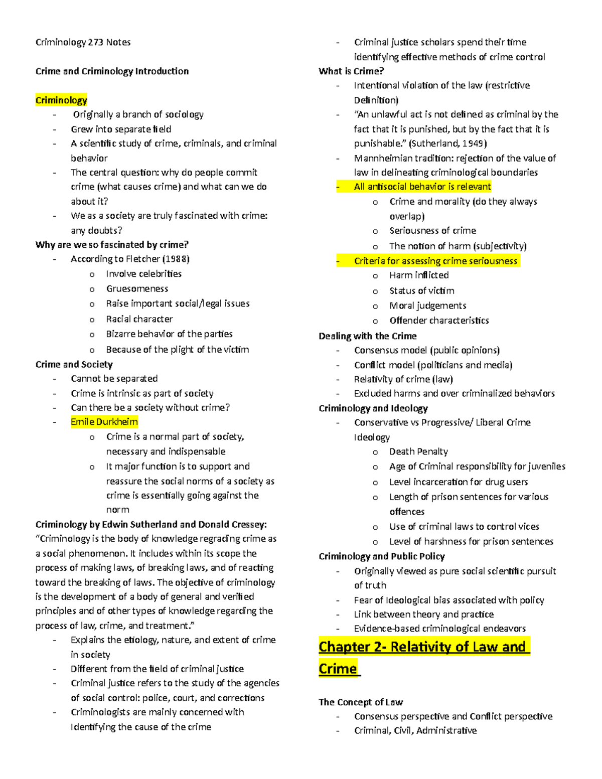 Criminology 273 Notes - Criminology 273 Notes Crime and Criminology ...