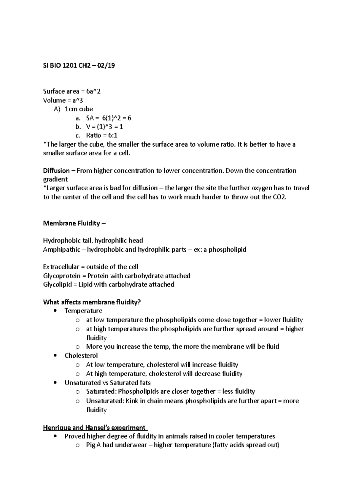 SI BIO 1201 CH2 - chapter 2 SI sheet - SI BIO 1201 CH2 – 02/19 Surface ...