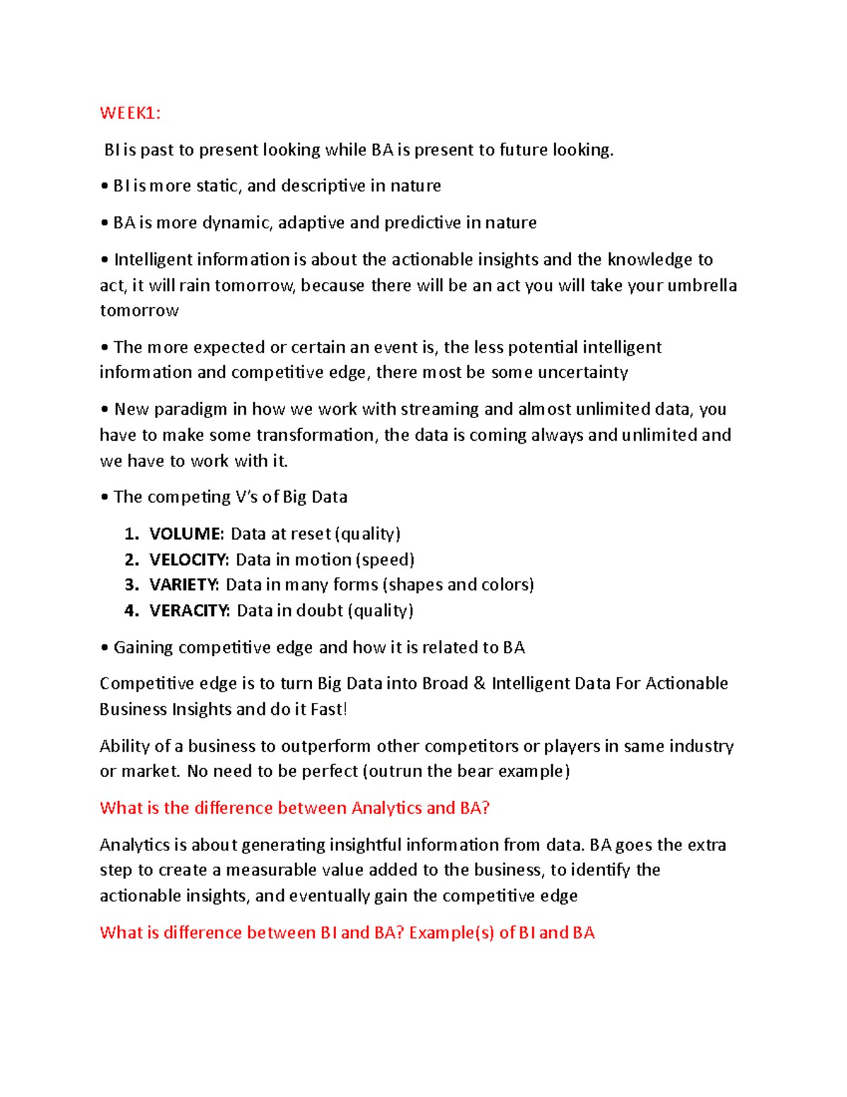 BSAD Review EXAM1 - Lecture notes 1-6 - WEEK1: BI is past to present ...