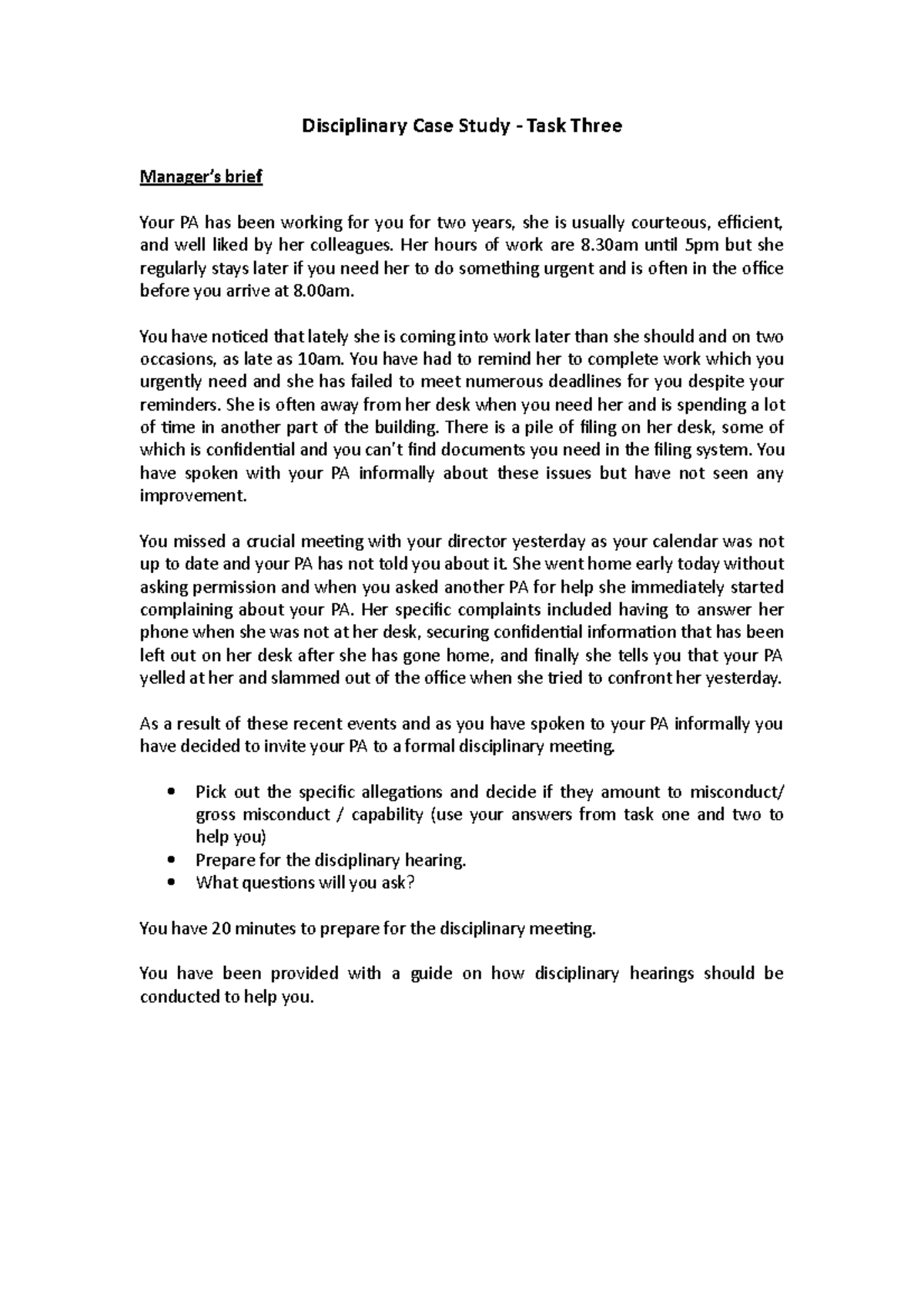Disciplinary case study - Manager brief - Disciplinary Case Study ...