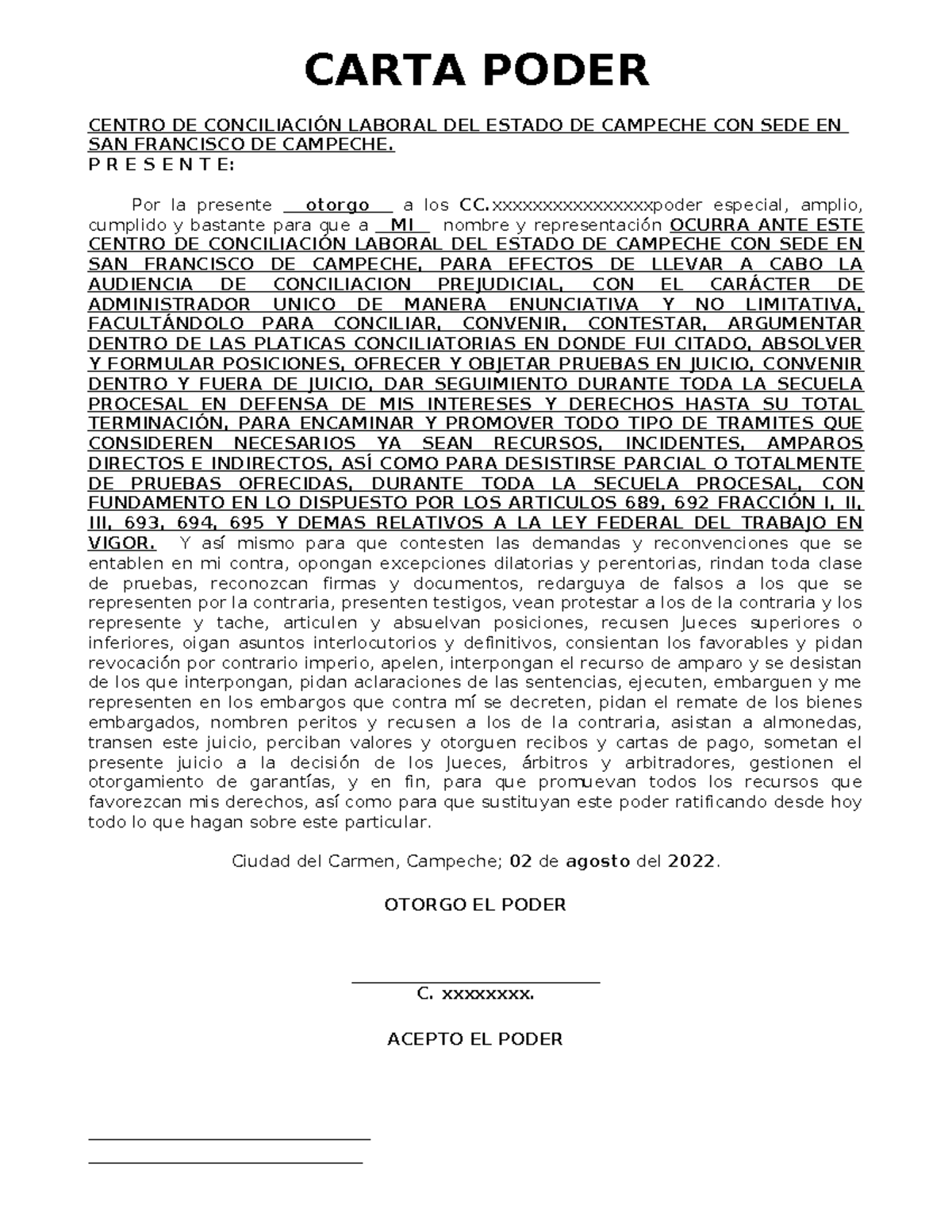 Carta Poder - CARTA PODER CENTRO DE CONCILIACIÓN LABORAL DEL ESTADO DE ...