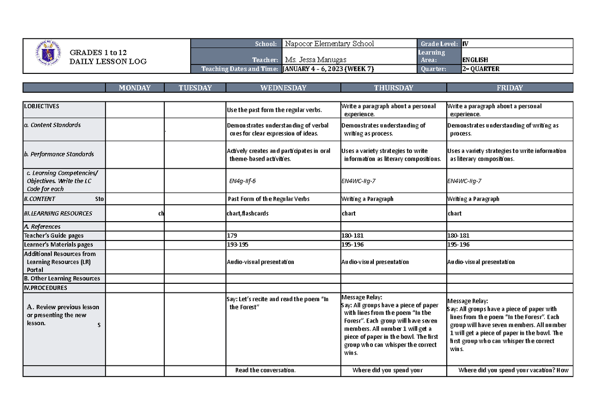 DLL English W7 2Q - This is a sample daily lesson log for one week ...