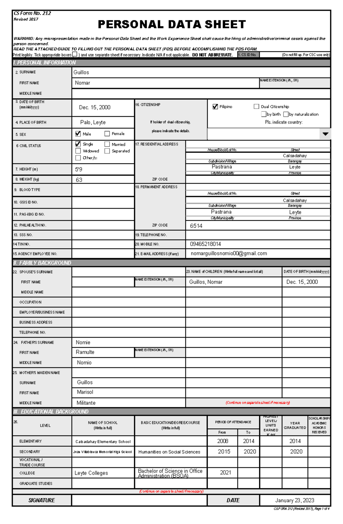 Personal Data Sheet CS Form No - Print legibly. Tick appropriate boxes ...