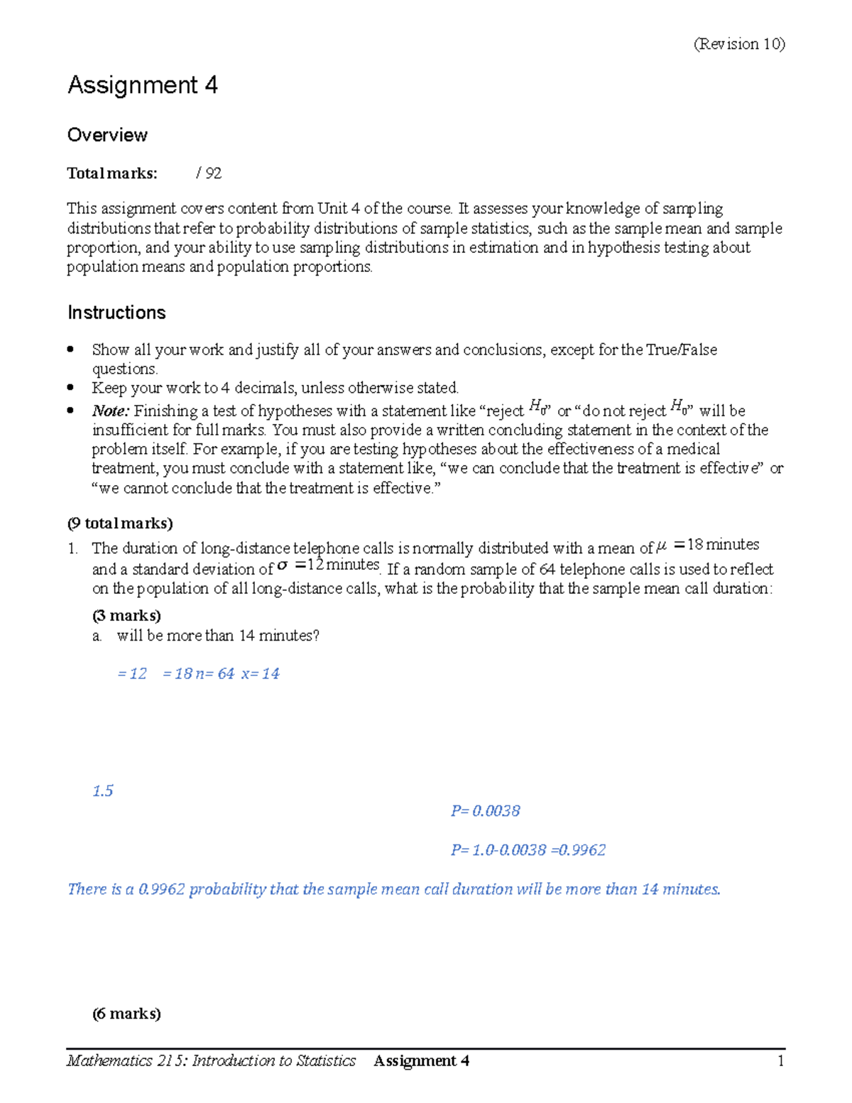 Ass4math215 - Assignment 4 with work shown clearly, typed - Assignment ...