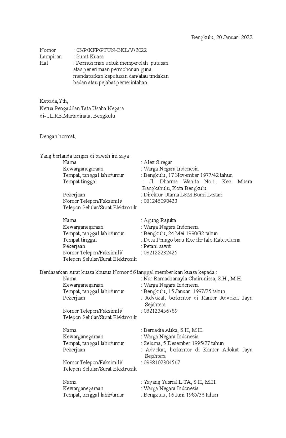 Contoh Surat Permohonan Ke Pengadilan PTUN - Bengkulu, 20 Januari 2022 ...