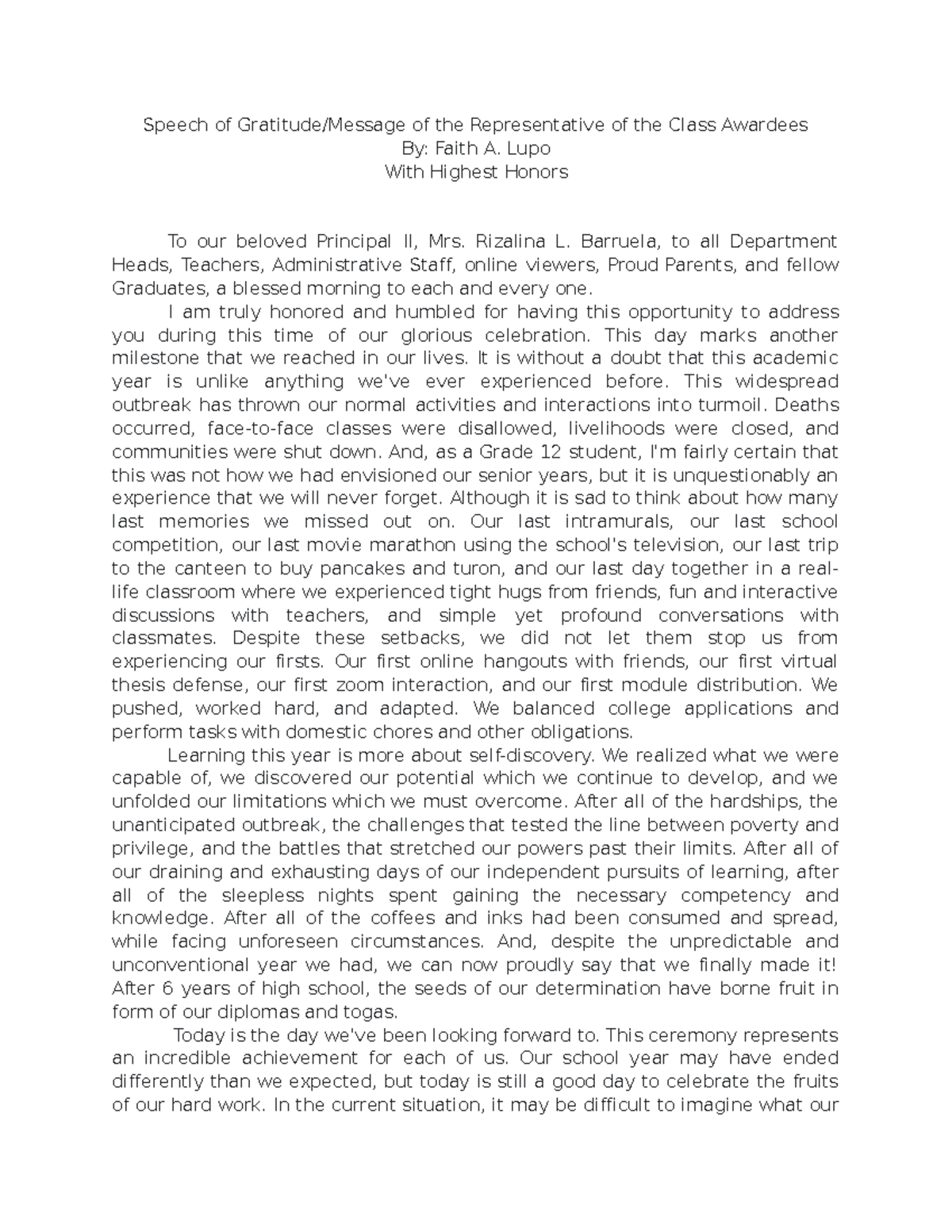 Speech for graduates - Speech of Gratitude/Message of the ...