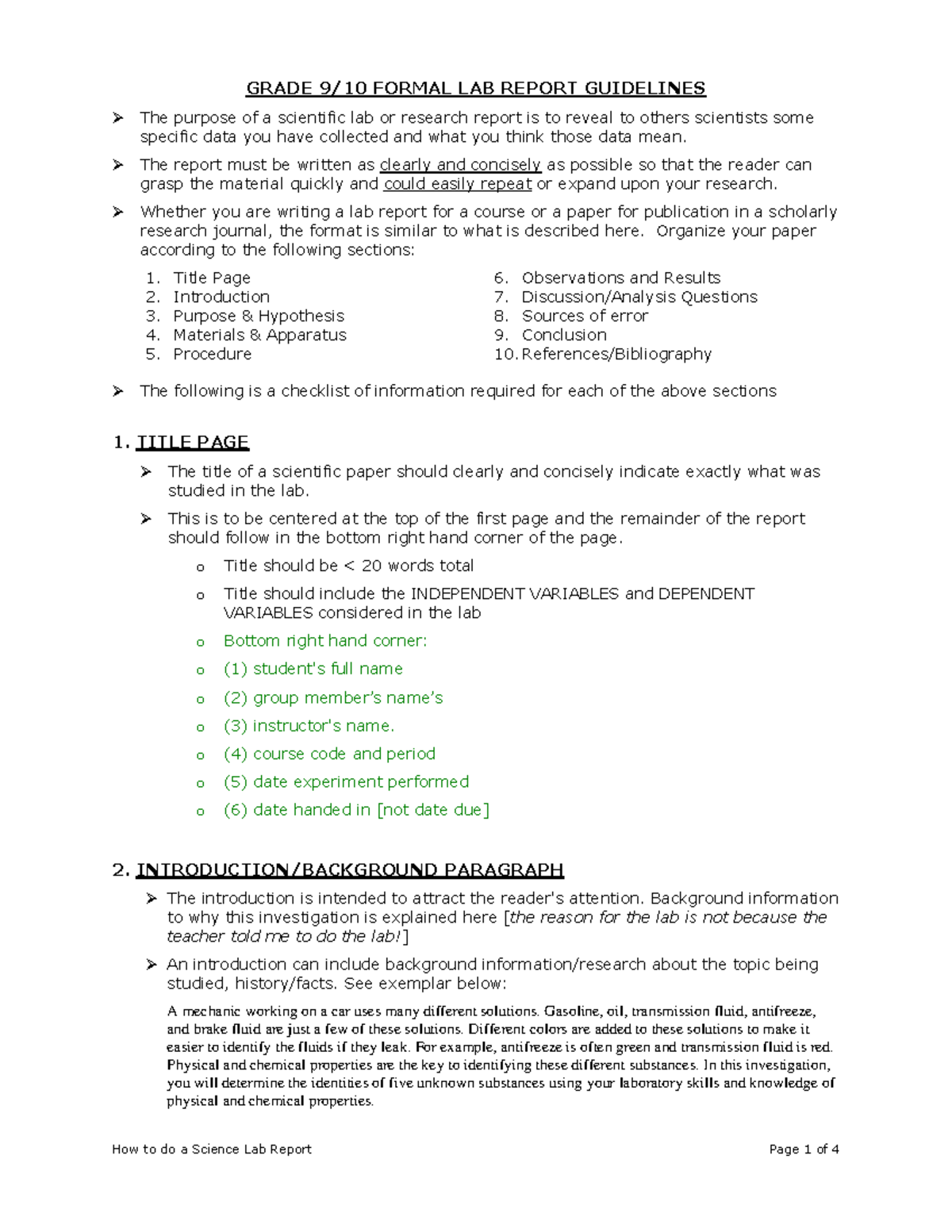 Grade 9-10 formal lab report guidelines - GRADE 9/10 FORMAL LAB REPORT ...