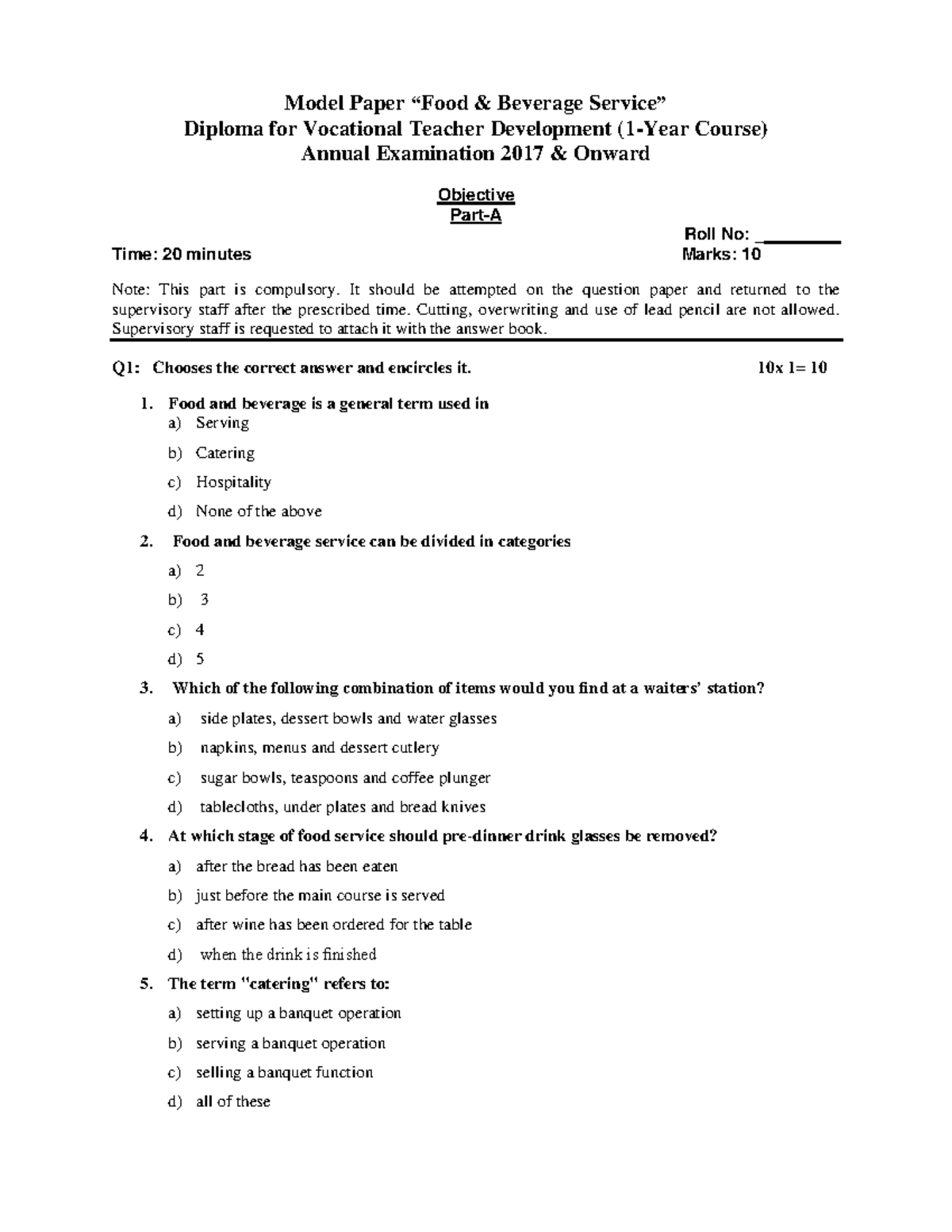 Food and Beverage - Model Paper “Food & Beverage Service” Diploma for ...