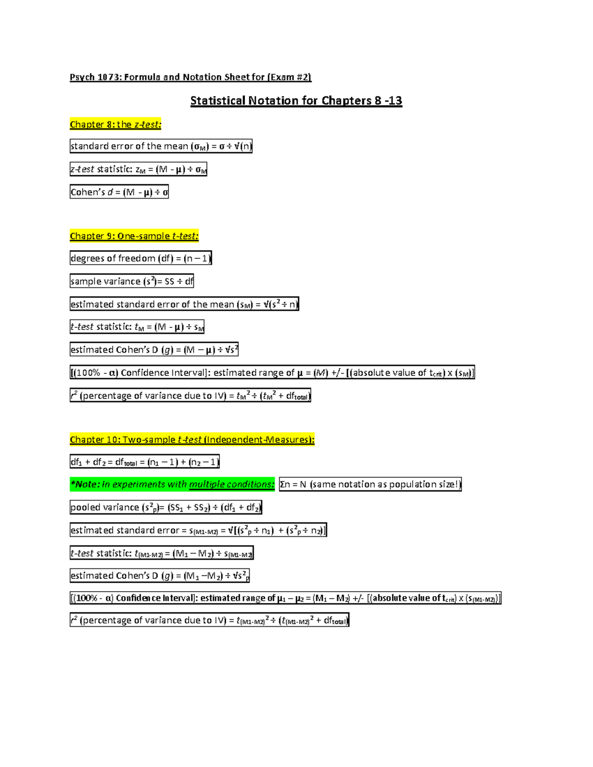 Exam 2 - Formula and Notation Sheet (PDF) - Psych 1073: Formula and ...