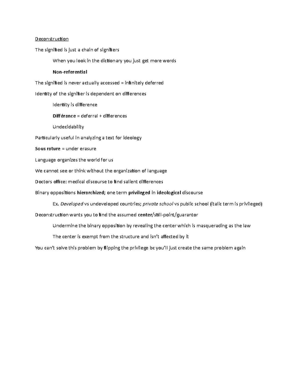 Deconstruction Notes - Deconstruction The signified is just a chain of ...