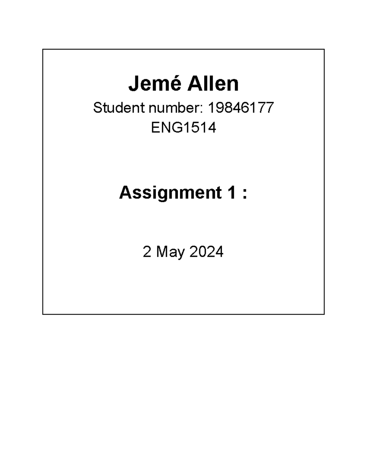 (ENG1514) Assessment 1 - Jemé Allen Student number: 19846177 ENG Assignment 1 : 2 May 2024 PART ...