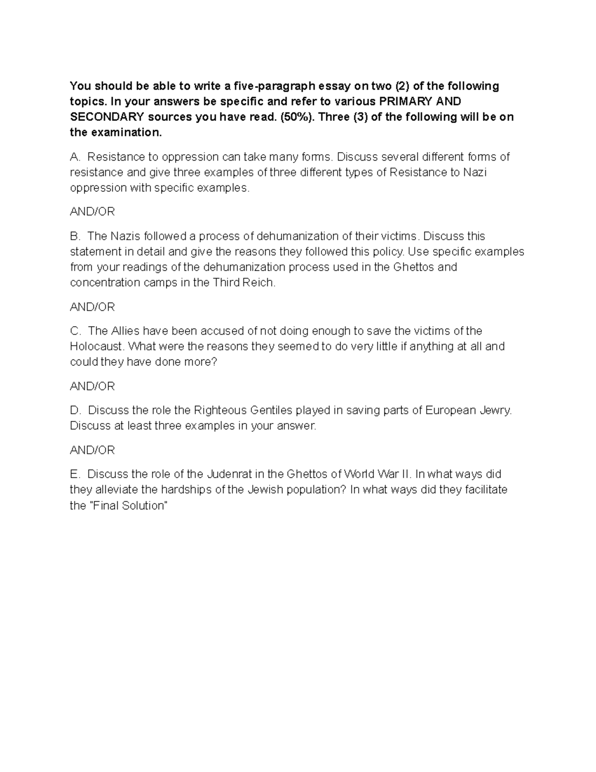 Essay prep for final history - You should be able to write a five ...