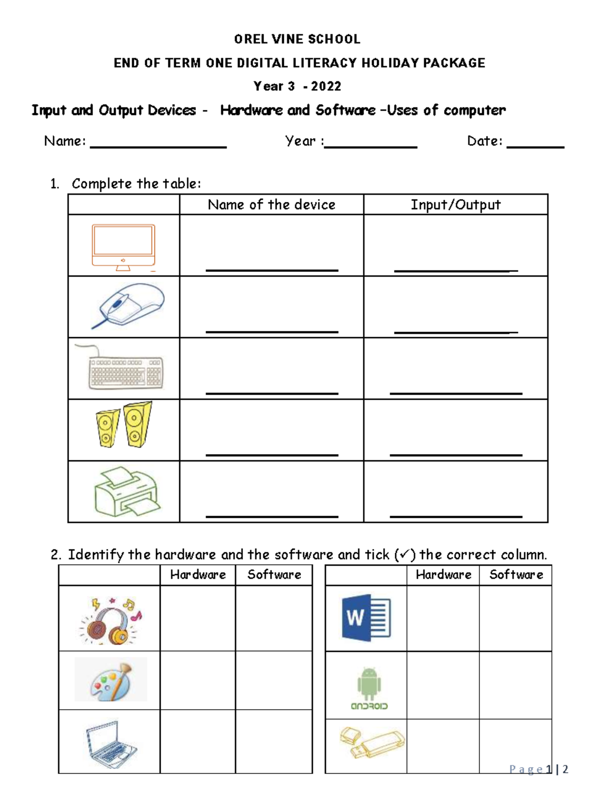 Year 3 - COMPUTING - END OF TERM ONE DIGITAL LITERACY HOLIDAY PACKAGE ...