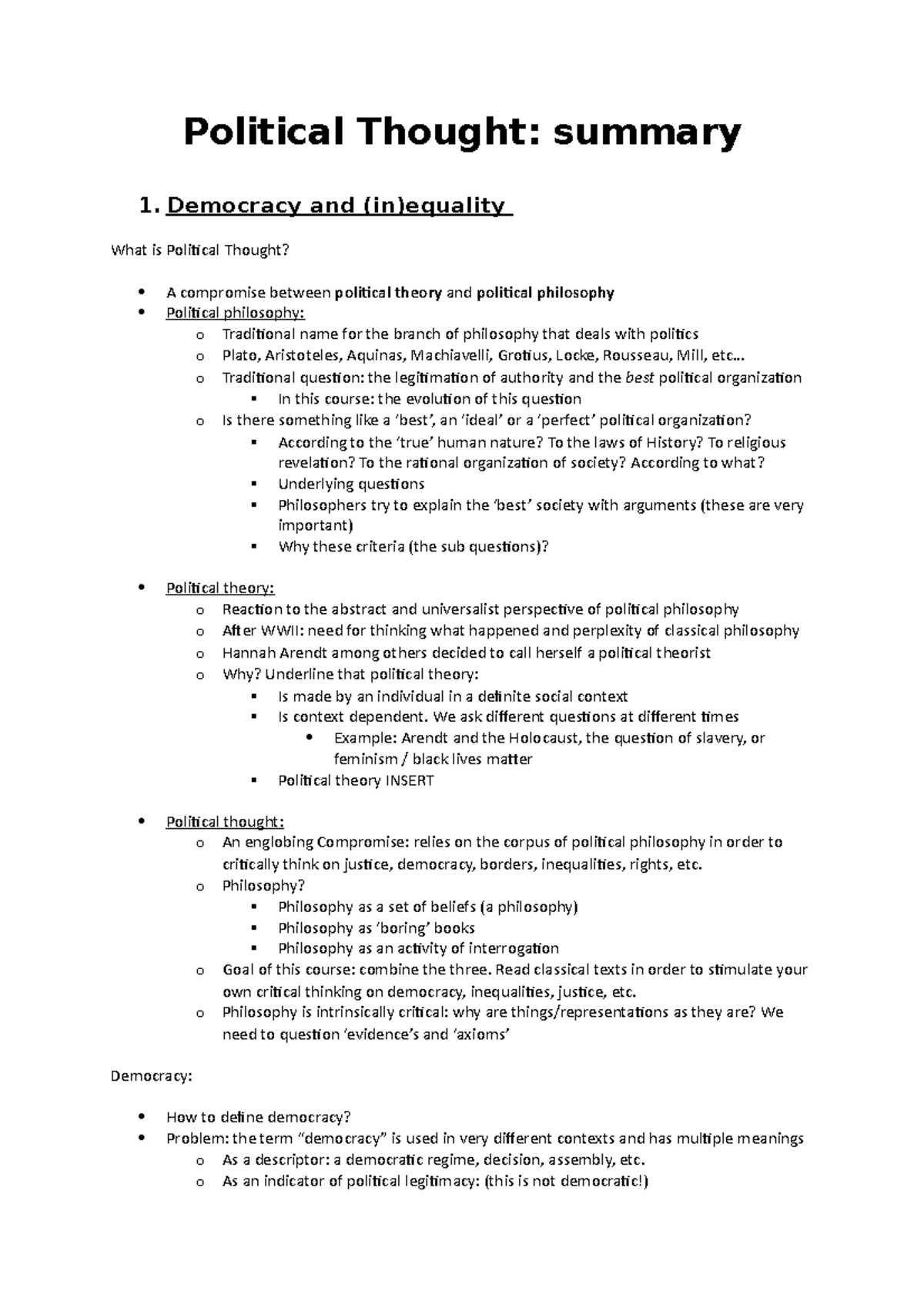 Political Thought les 1 - Political Thought: summary 1. Democracy and ...
