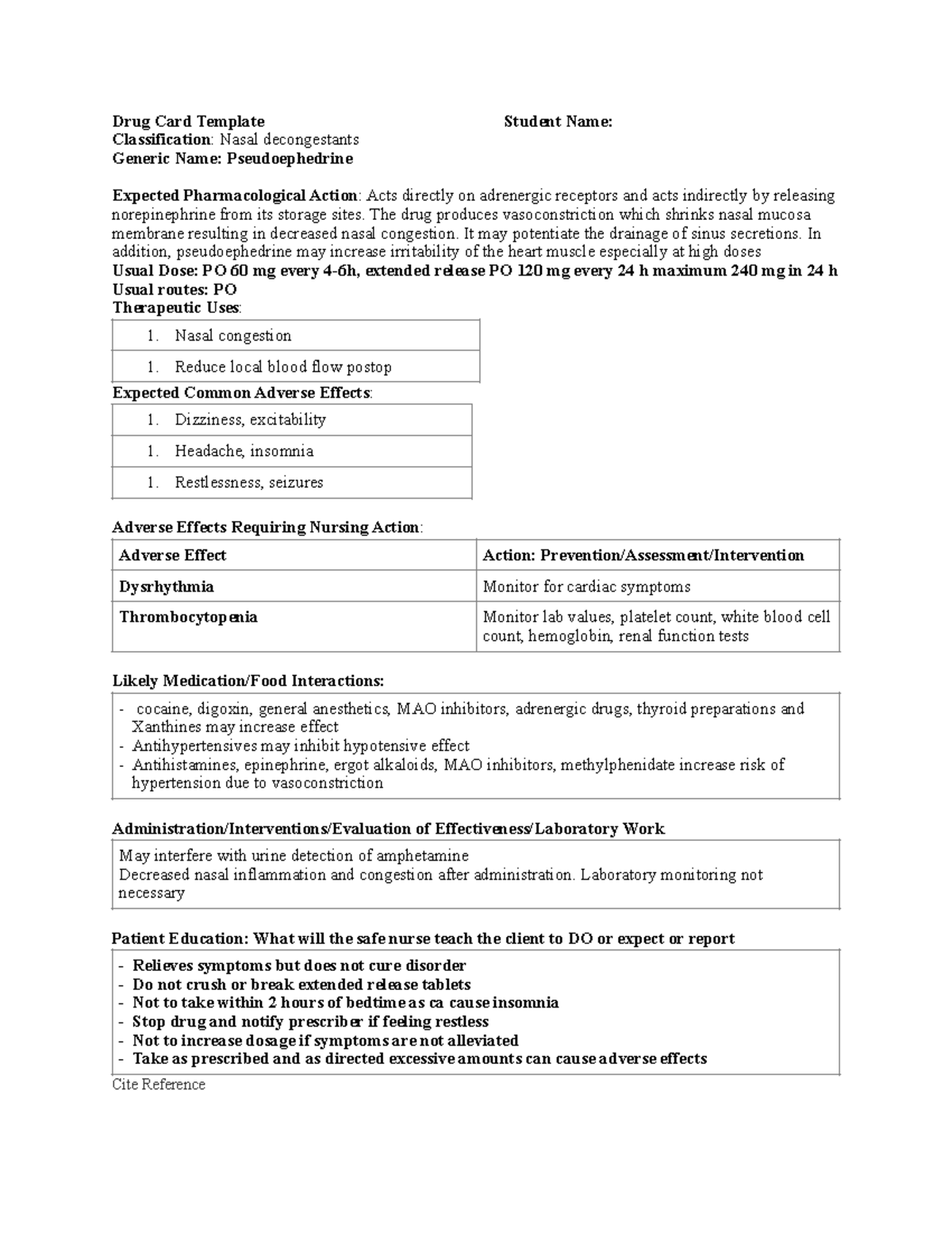Pseudophedrine - MED TEMPLATE - Drug Card Template Student Name ...