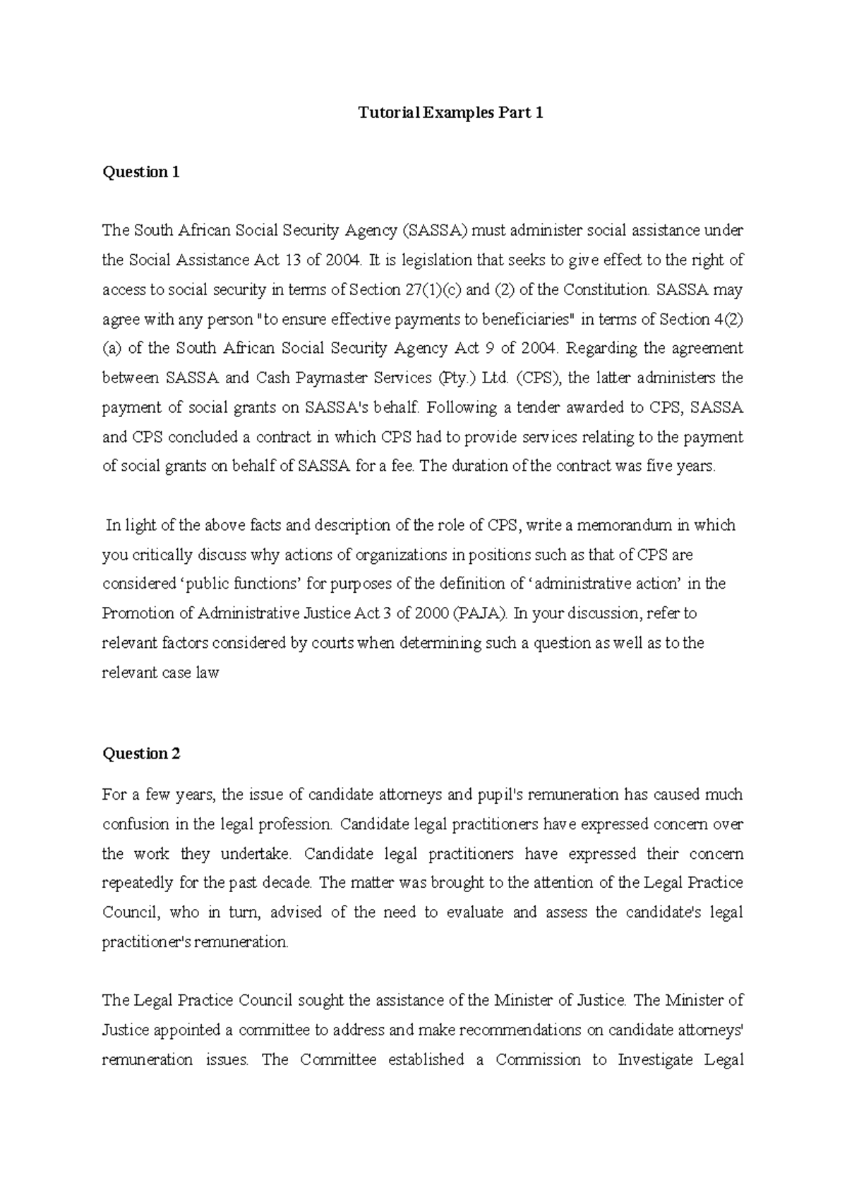 Tutorial Examples Admin Law - Tutorial Examples Part 1 Question 1 The ...