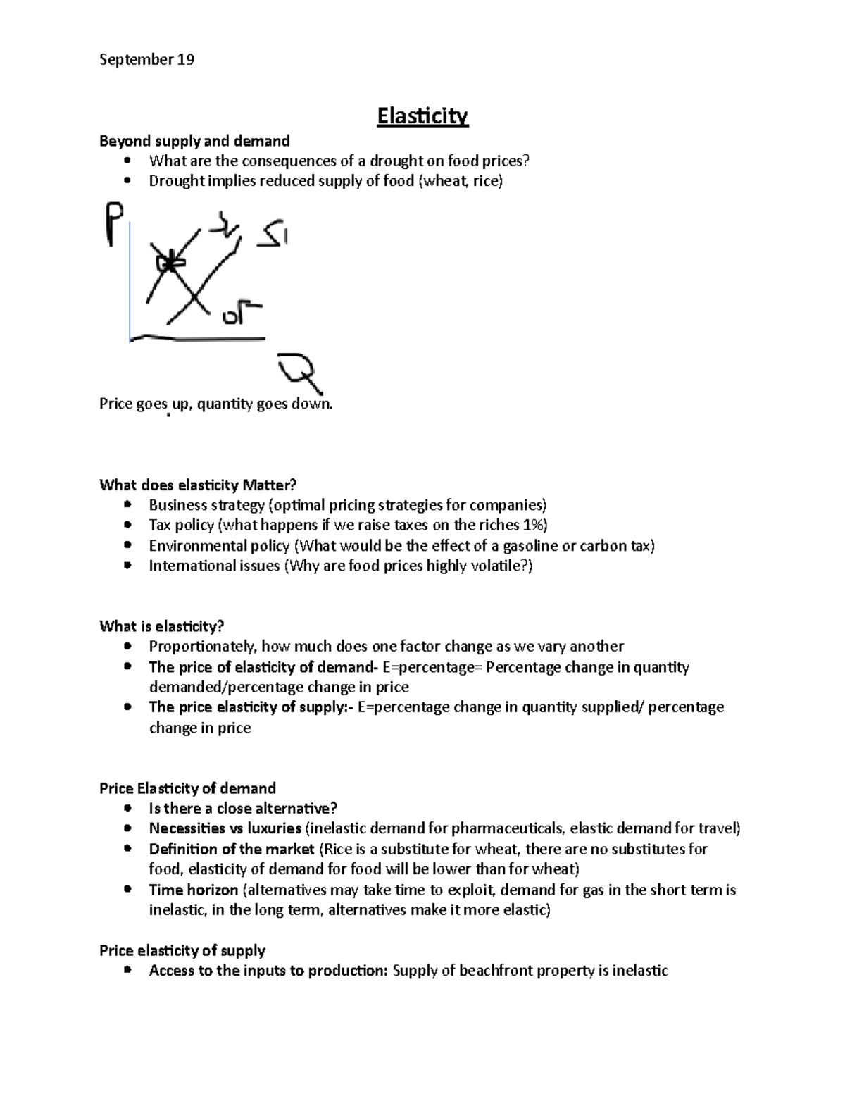 Lecture 4, Elasticity - September 19 Elasicity Beyond supply and demand ...