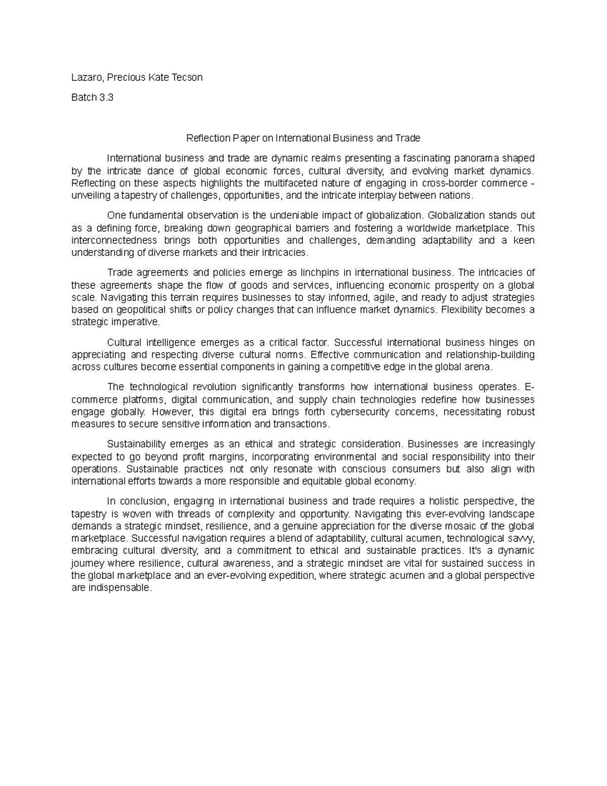 Reflection Paper on International Business and Trade - Lazaro, Precious ...