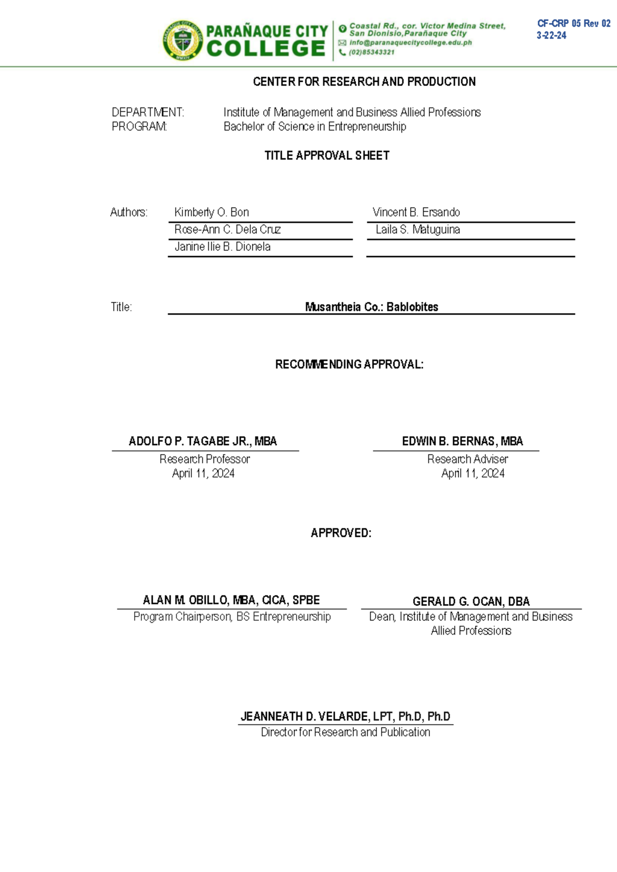 Musantheia- Title Approval FORM ( Totoo I2 NA) - CF-CRP 05 Rev 02 3 ...