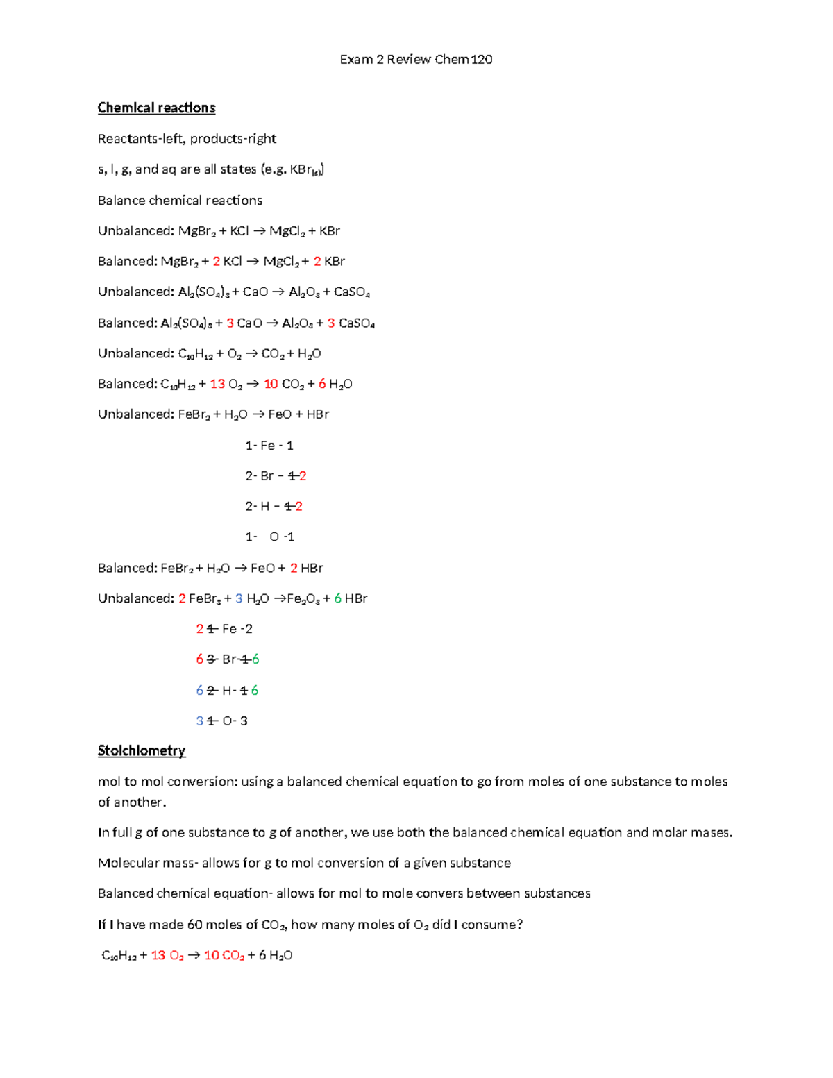 CHEM120 Exam 2 Review Guide - Chemical reactions Reactants-left, products-right s, l, g, and aq ...