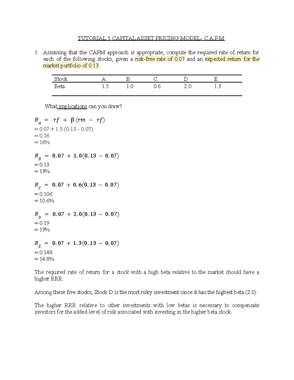 Tutorial 5 - CAPITAL ASSET PRICING MODEL- C.A.P.M - TUTORIAL 5 CAPITAL ...