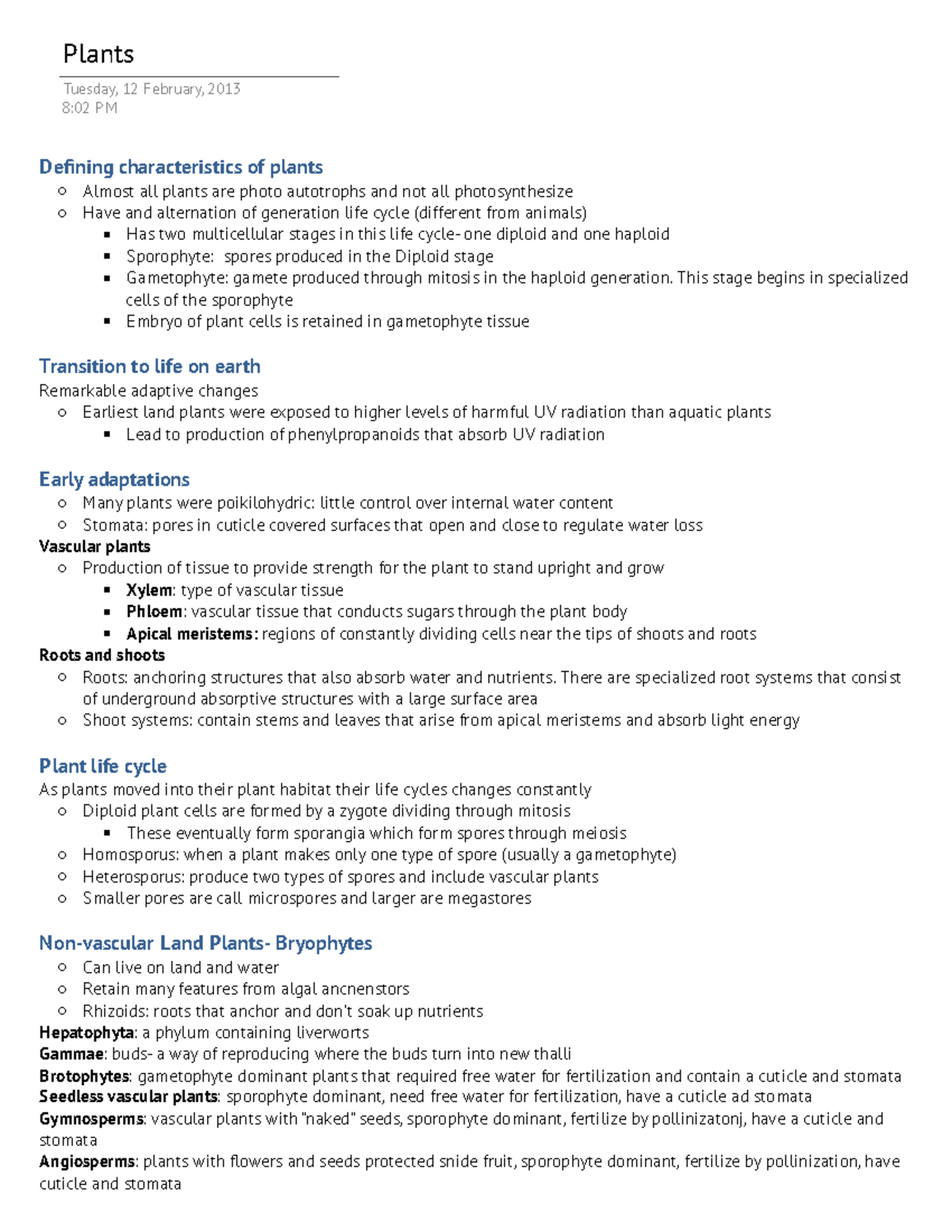 Plants - Lecture notes - Plants Tuesday, 12 February, 2013 8:02 PM ...