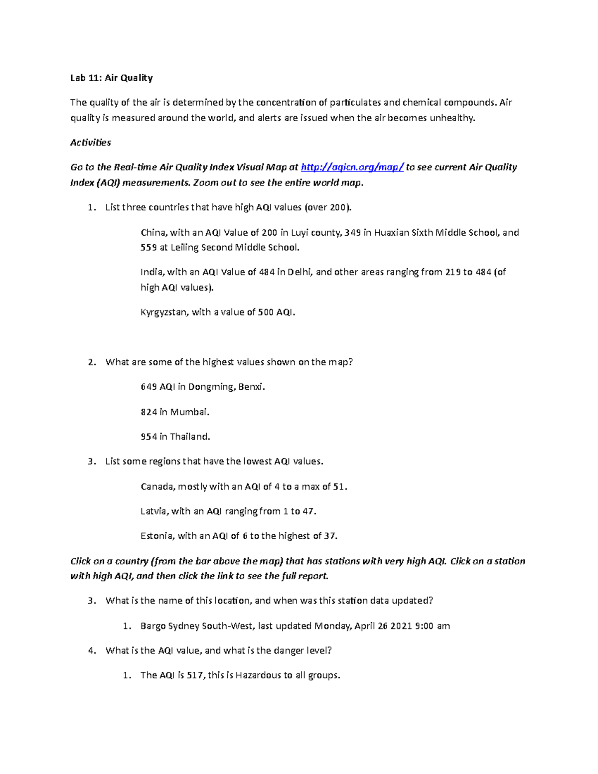 Lab 11 Air Quality - lab - Lab 11: Air Quality The quality of the air ...