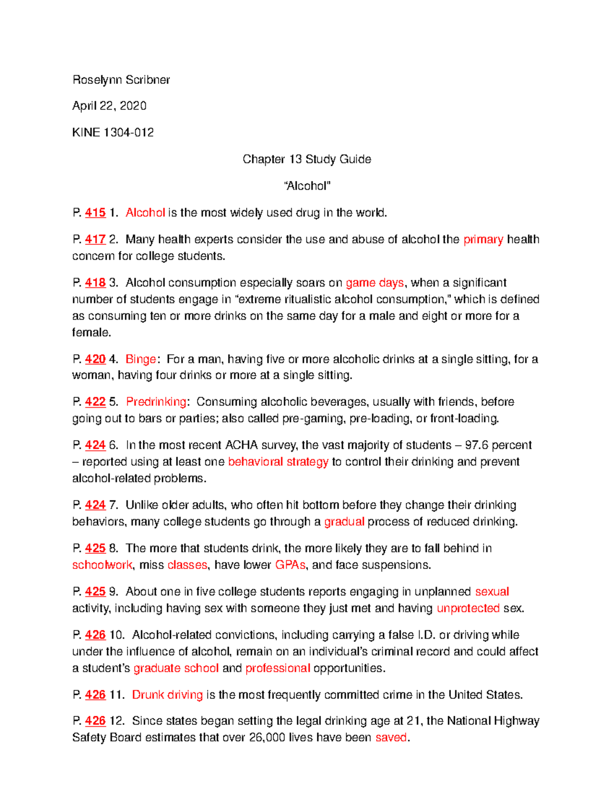 P&C Health - Chapter 13 Study Guide - Roselynn Scribner April 22, 2020 ...