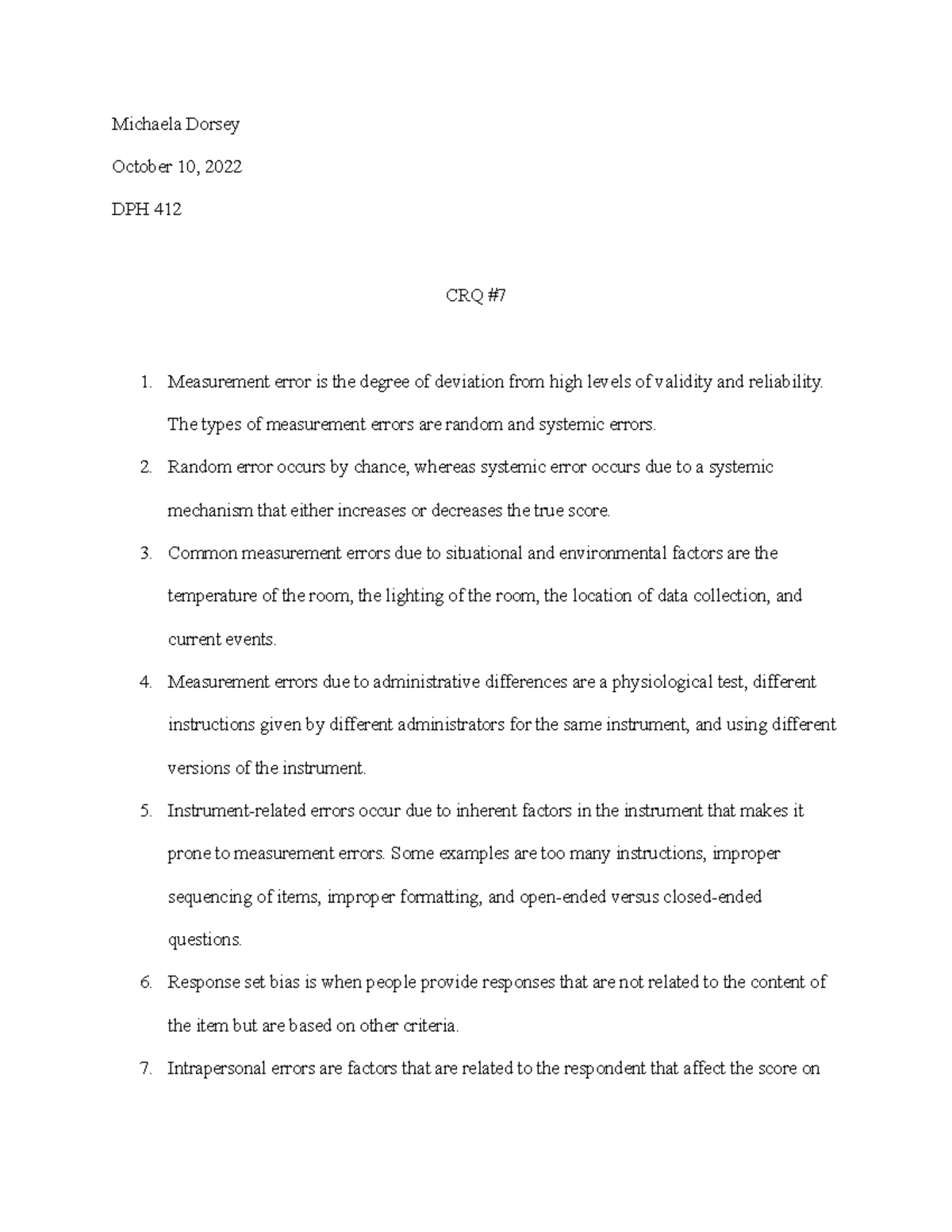 CRQ #7- DPH 412 - Chapter 7 Chapter Review Questions - Michaela Dorsey ...