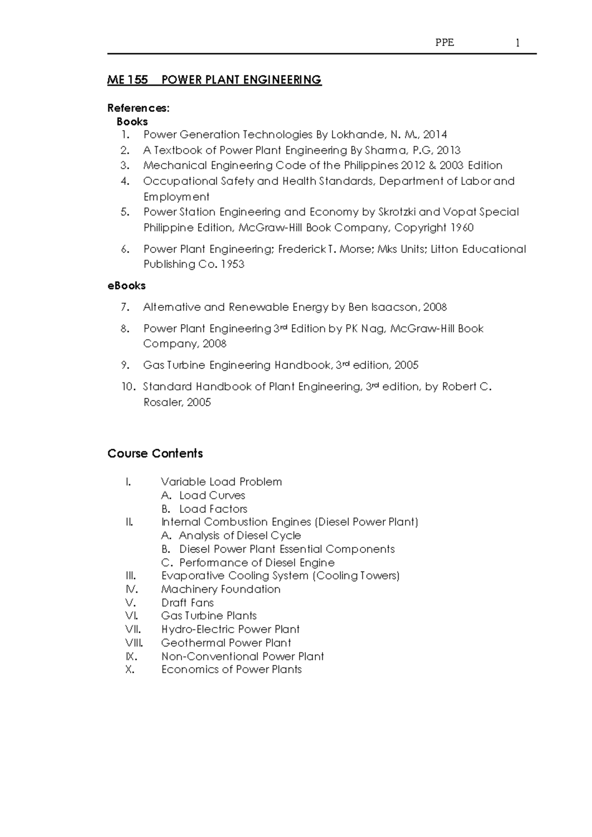 M1a - reviewer - PPE 1 ME 15 5 POWER PLANT ENGINEERING References ...