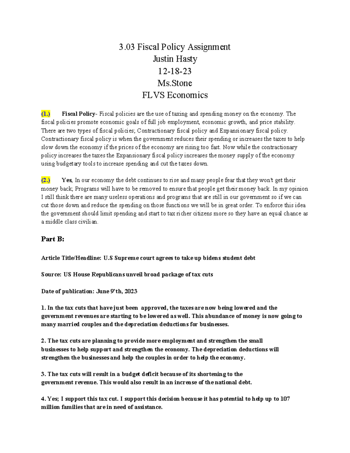 3.03 Fiscal Policy-Justin Hasty - 3 Fiscal Policy Assignment Justin ...