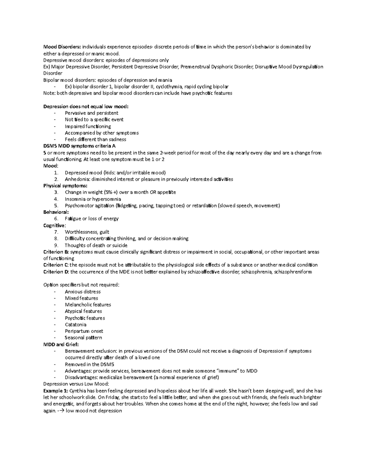 Psychopathology lecture notes - Mood Disorders: individuals experience ...