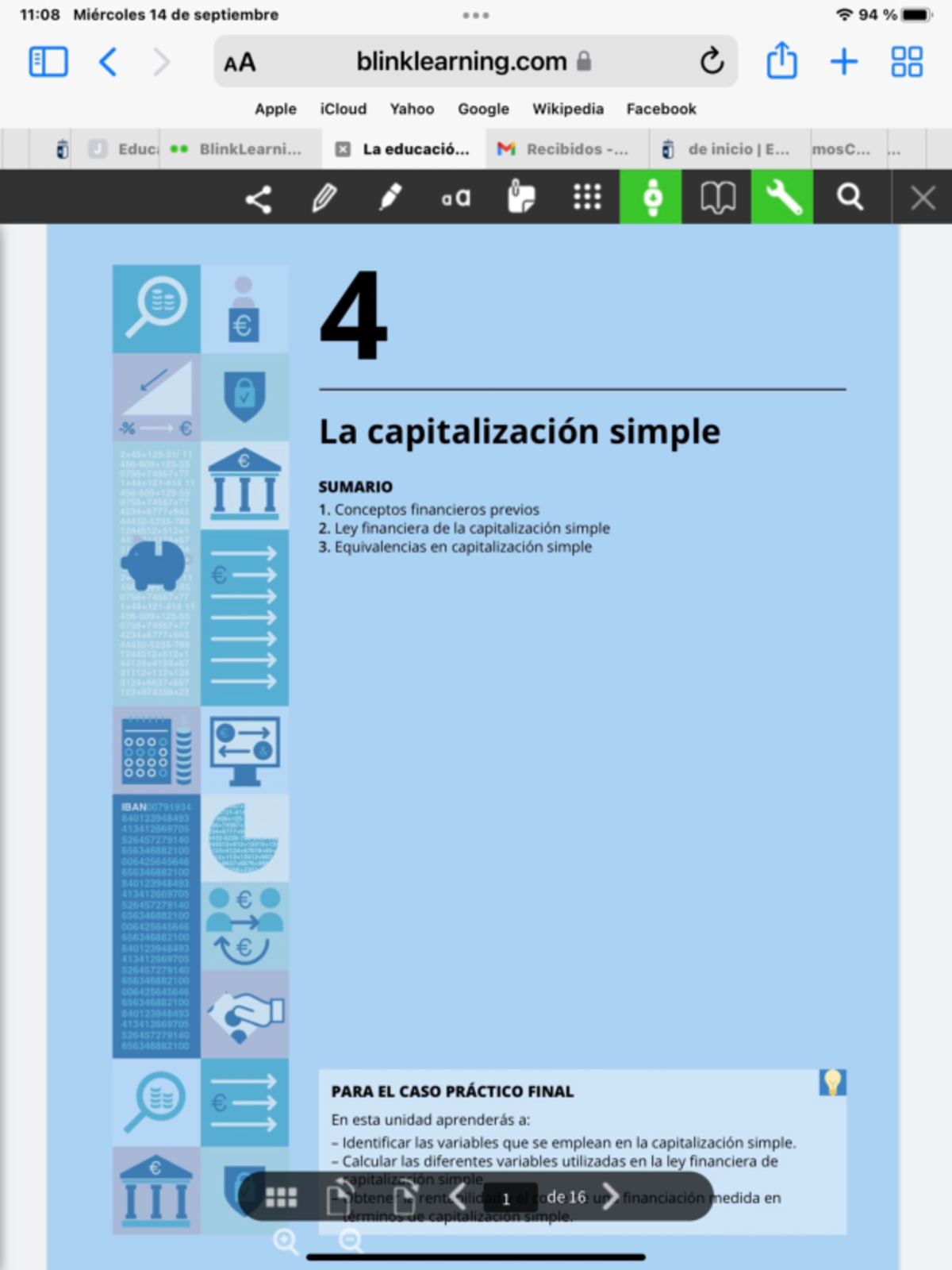 Tema inte - rrrr - 11:08 Miércoles 14 de septiembre 94 AA blinklearning C Apple iCloud Yahoo ...