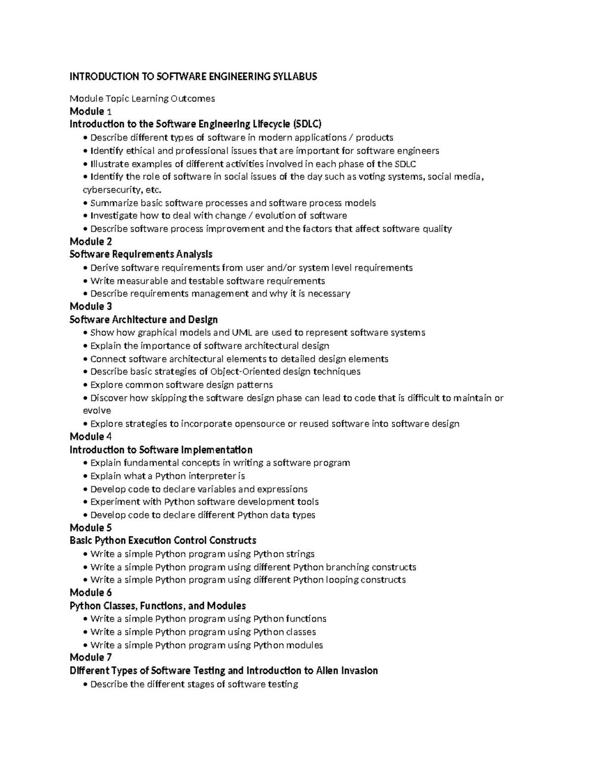 Introduction TO Software Engineering Syllabus - INTRODUCTION TO ...