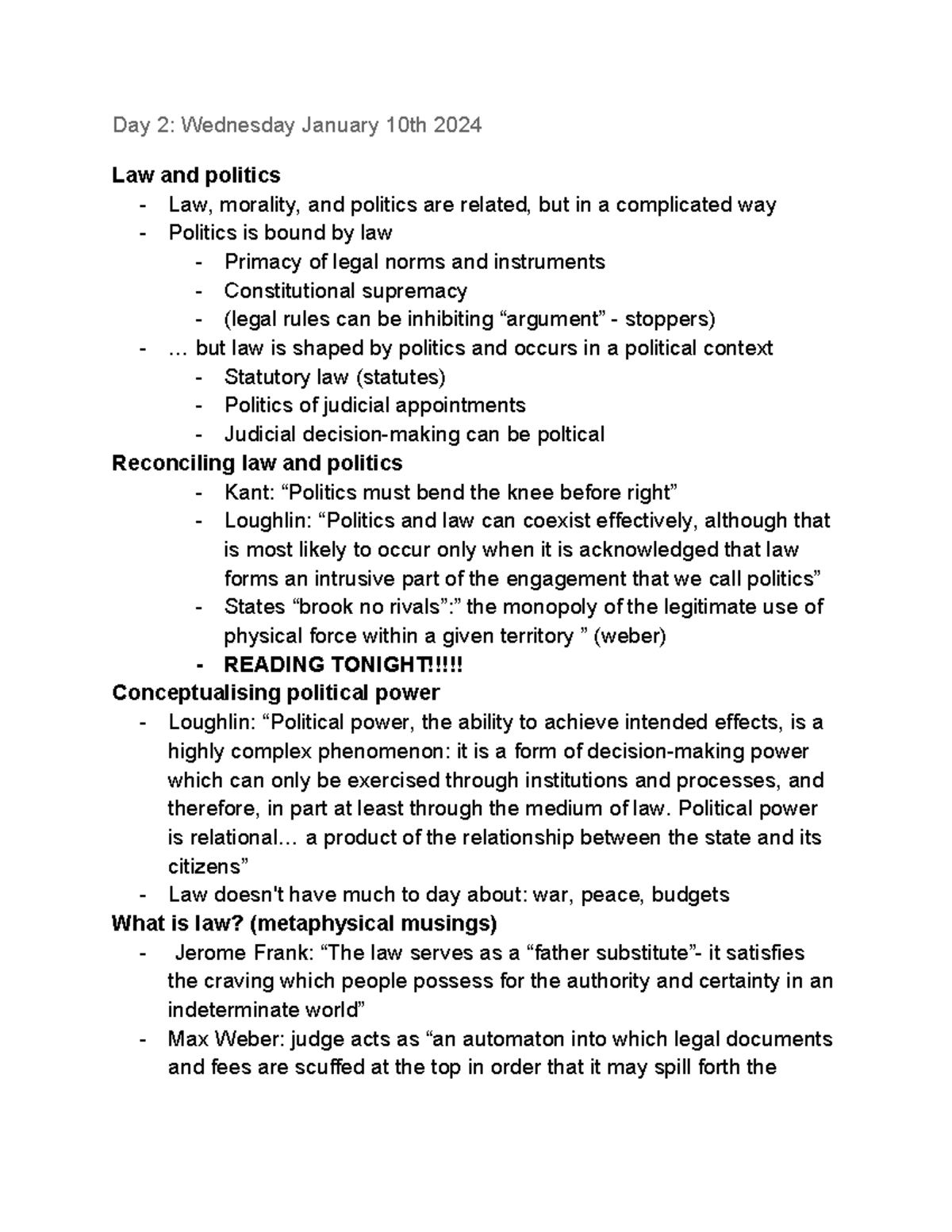 Pols 2350 week 1 notes - Day 2: Wednesday January 10th 2024 Law and ...