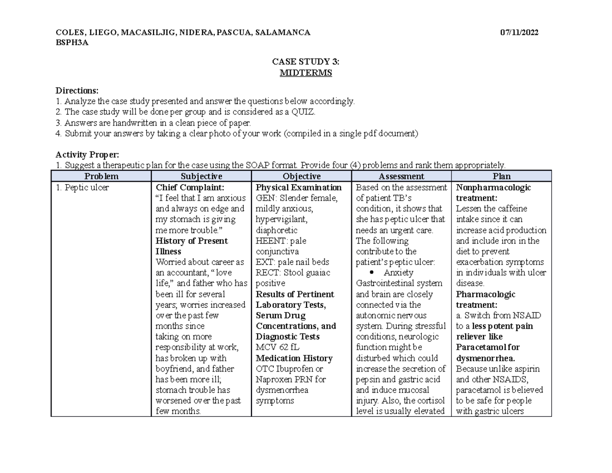 Final-CASE-3 - BSPH3A CASE STUDY 3: MIDTERMS Directions: Analyze the ...