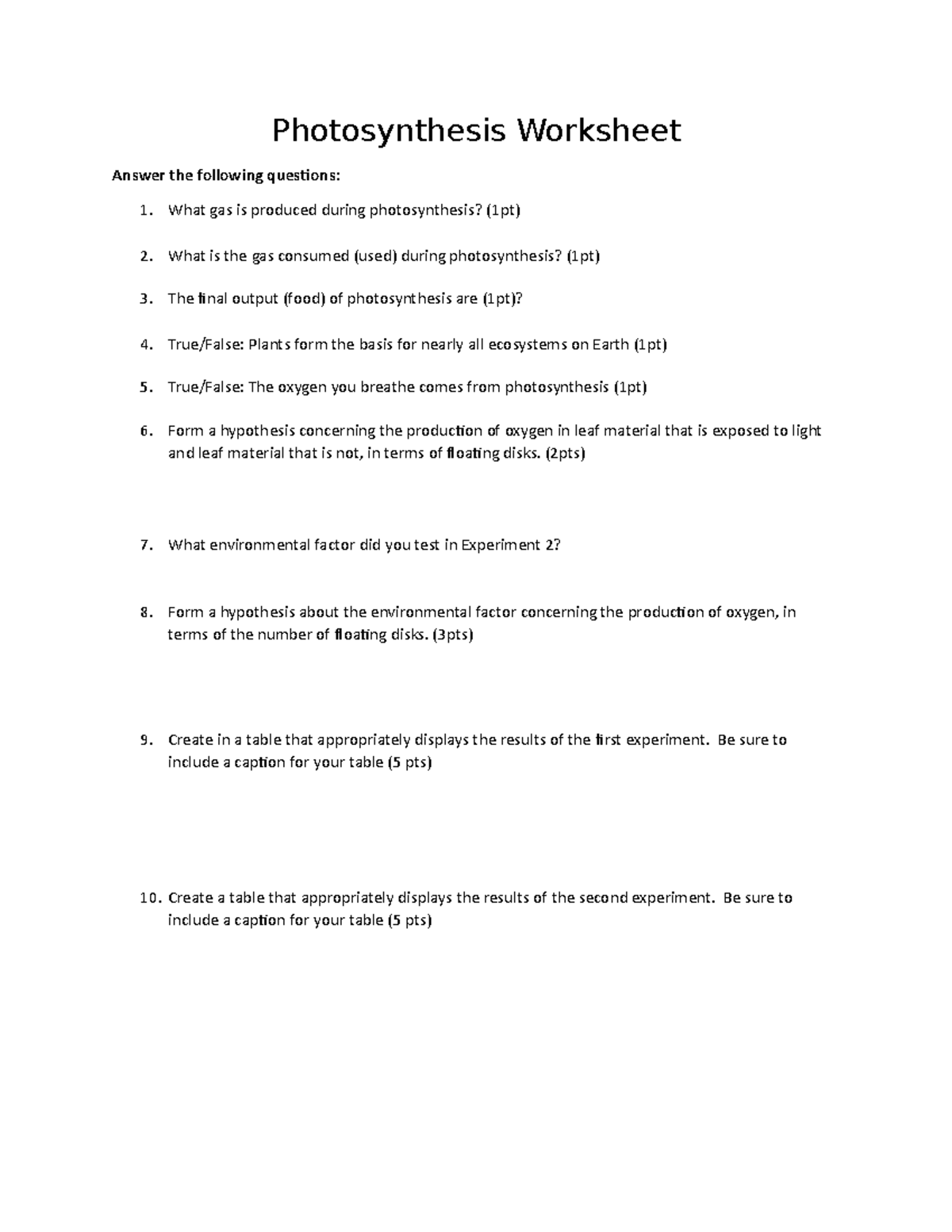 Photosynthesis Worksheet Spring 2023 AC - Photosynthesis Worksheet ...