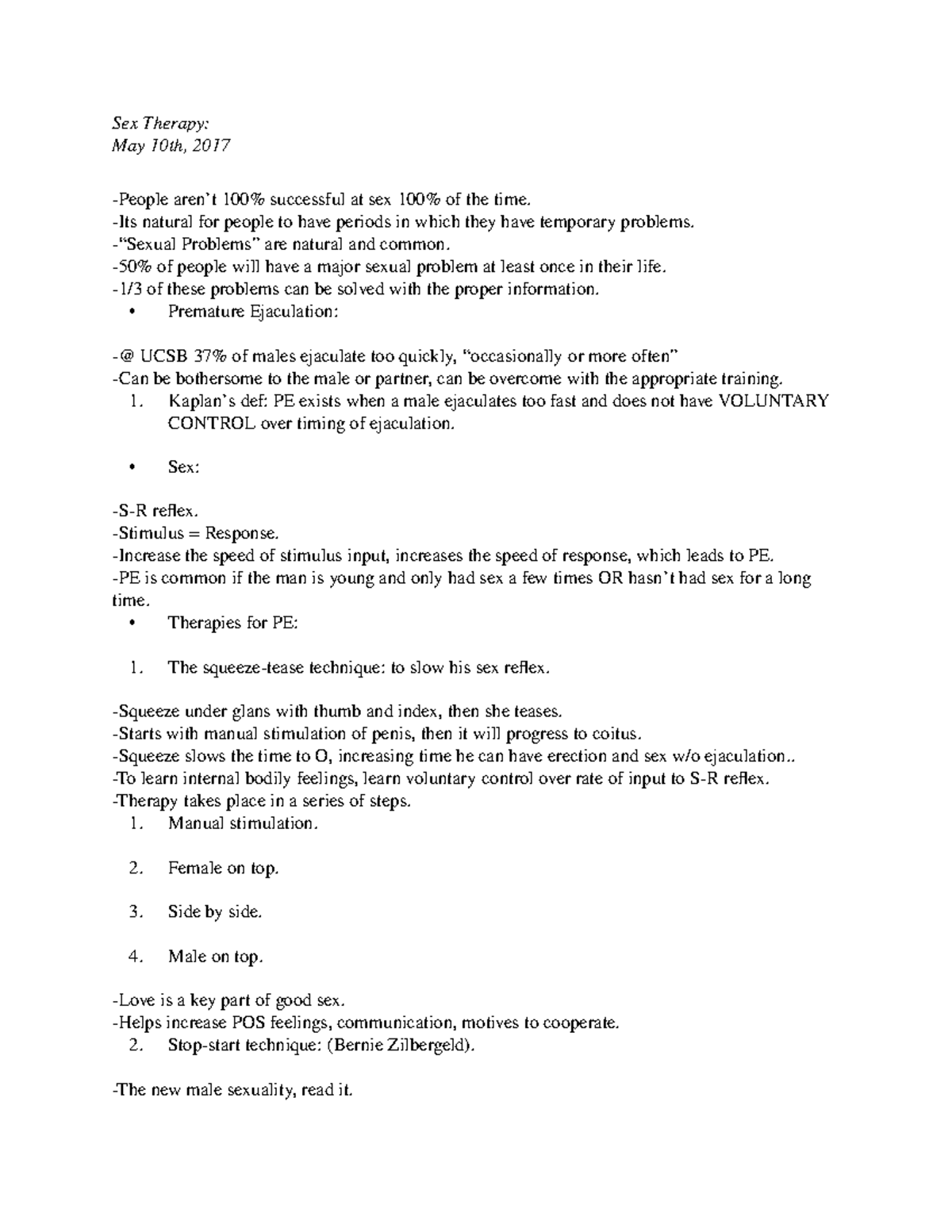 Soc 152a Human Sex Lecture 11 Sex Therapy Sex Therapy May 10th 2017 People Aren T 100