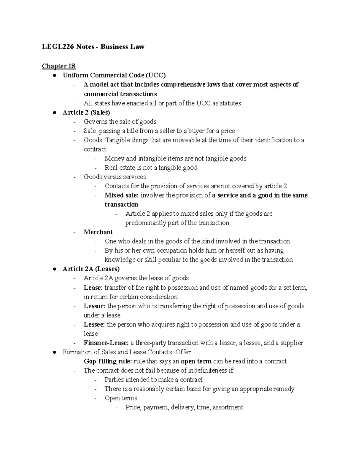 LEGL226 - Business Law Notes - LEGL226 Notes - Business Law Chapter 18 ...