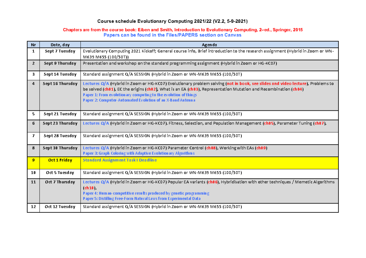 EC 2021 tentative course schedule hybrid - Course schedule Evolutionary ...