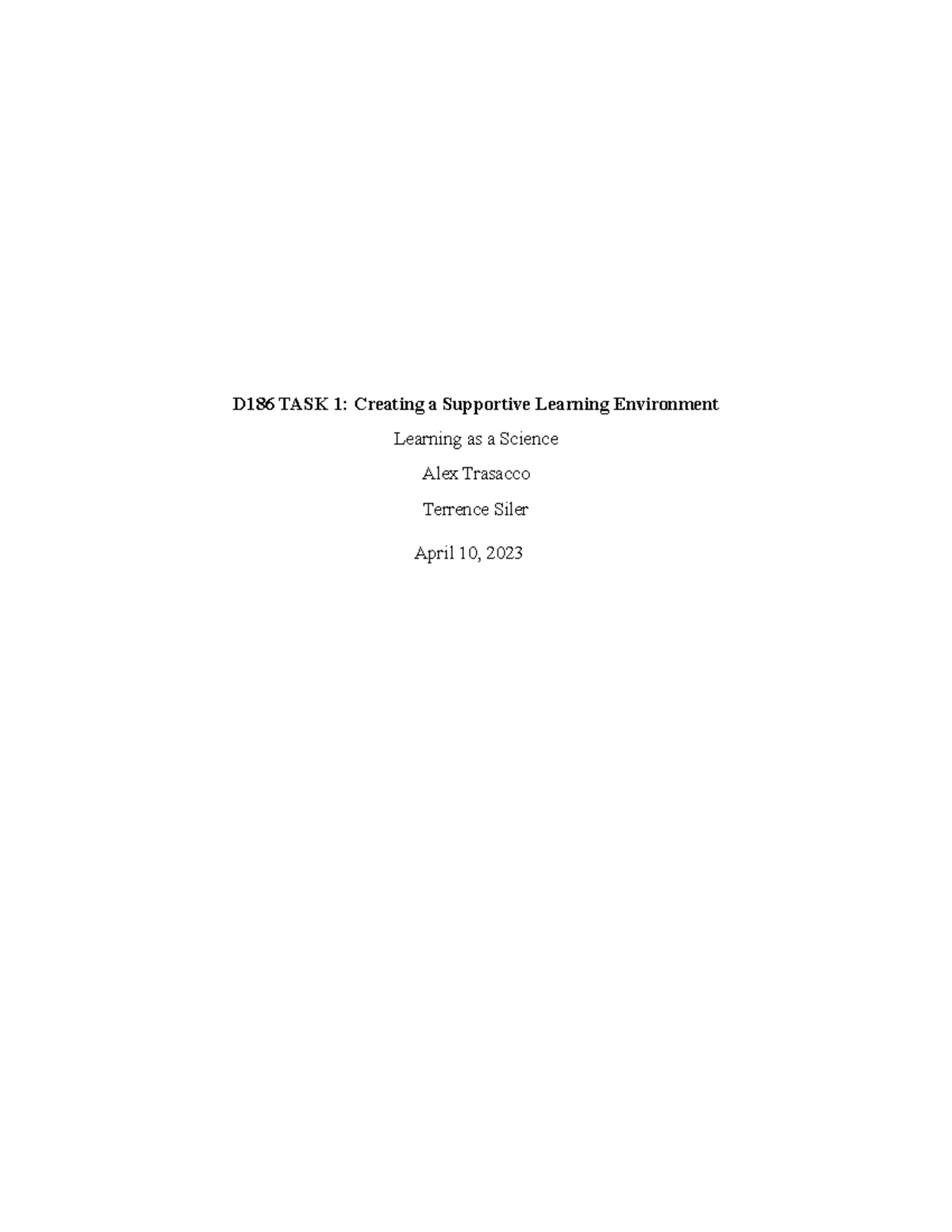 D186 TASK 1 - Passed - D186 TASK 1: Creating a Supportive Learning ...
