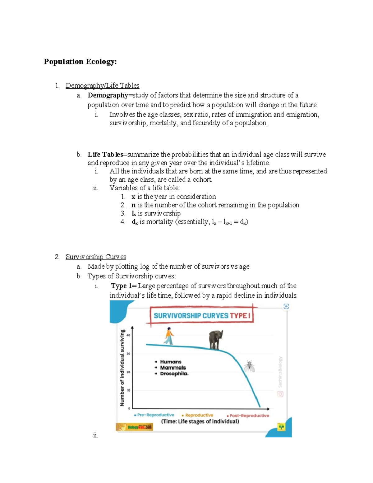 Exam 3 Study Guide - Population Ecology: Demography/Life Tables a ...