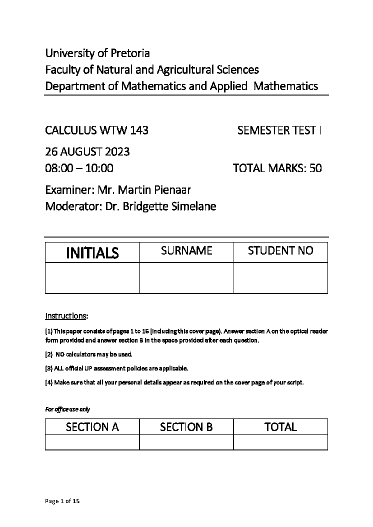 WTW 143 Semester TEST I ( Final Draft 26 August 2023).pdf - University ...