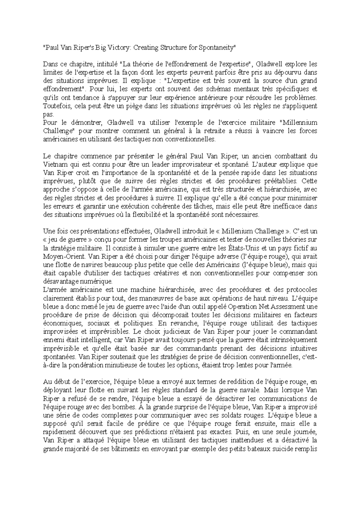 Ob résumé - "Paul Van Riper's Big Victory: Creating Structure for ...