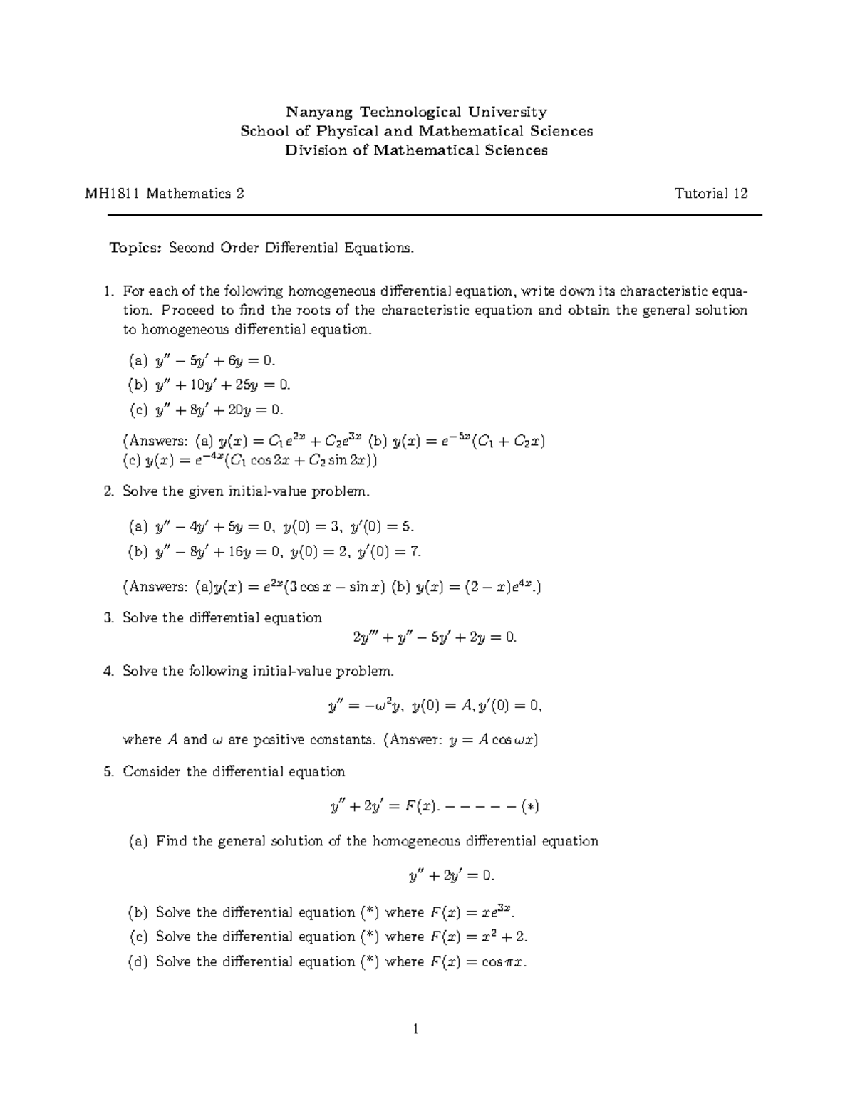 MH1811 Tutorial 12 DE 2020 ODE2 - Nanyang Technological University School of Physical and - Studocu