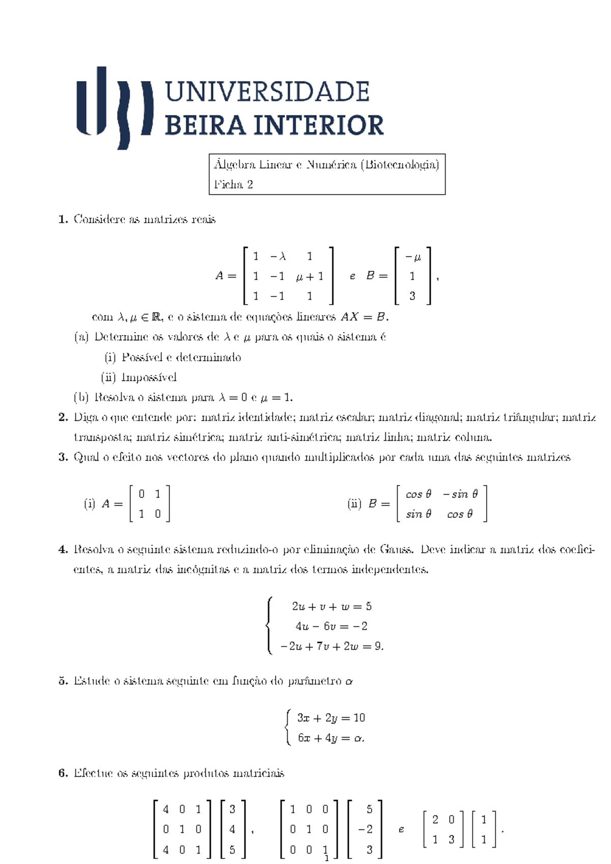 Ficha 2 - ... - Álgebra Linear e Numérica (Biotecnologia) Ficha 2 ...