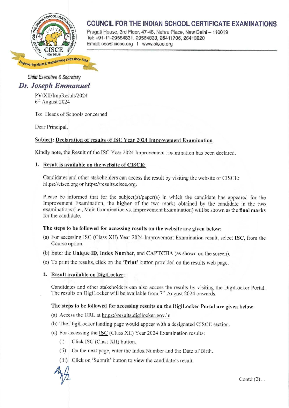 Circular - Declaration of ISC Year 2024 Improvement Examination Result ...