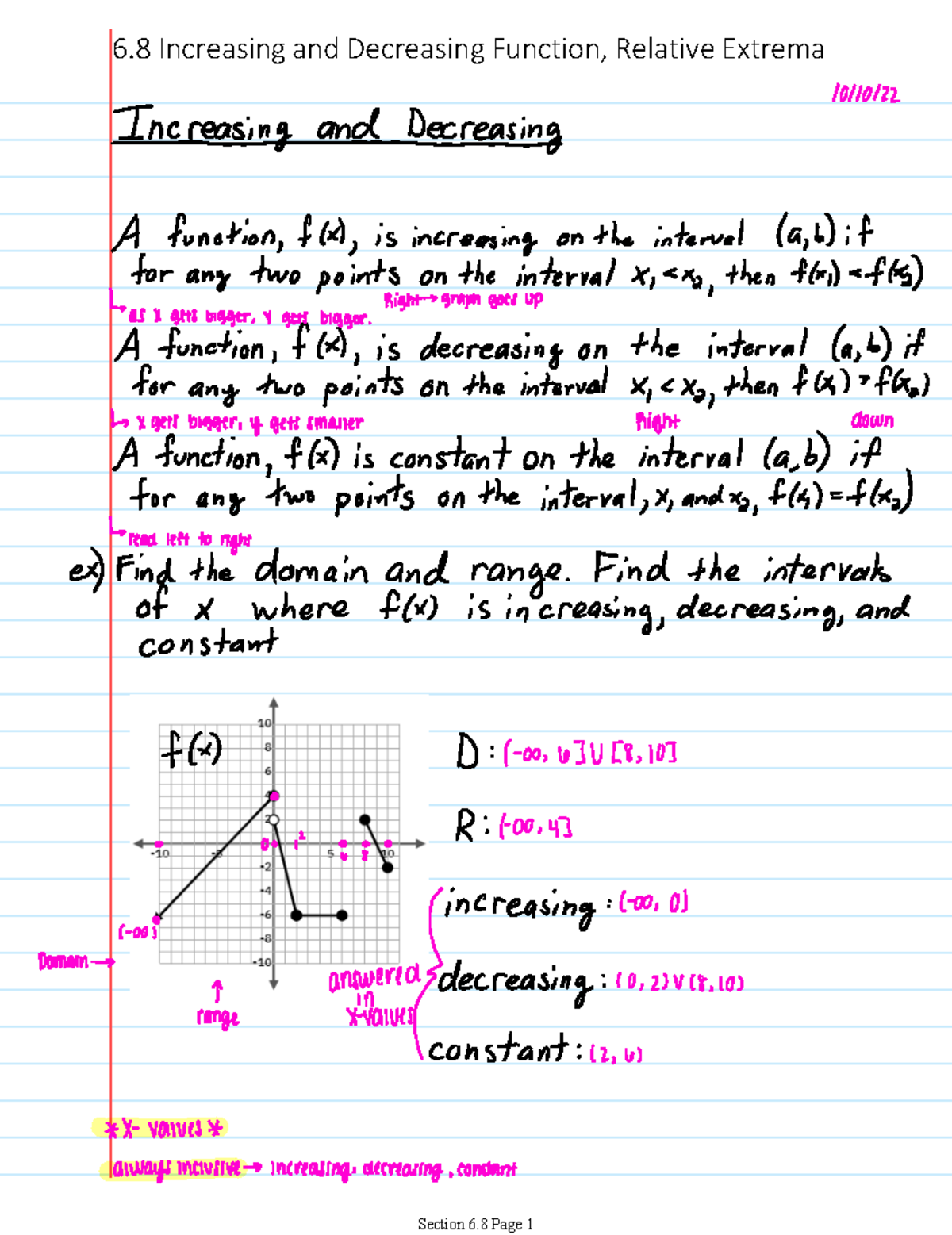 Section+6 - Class notes for 6.8 - 6 Increasing and Decreasing Function ...